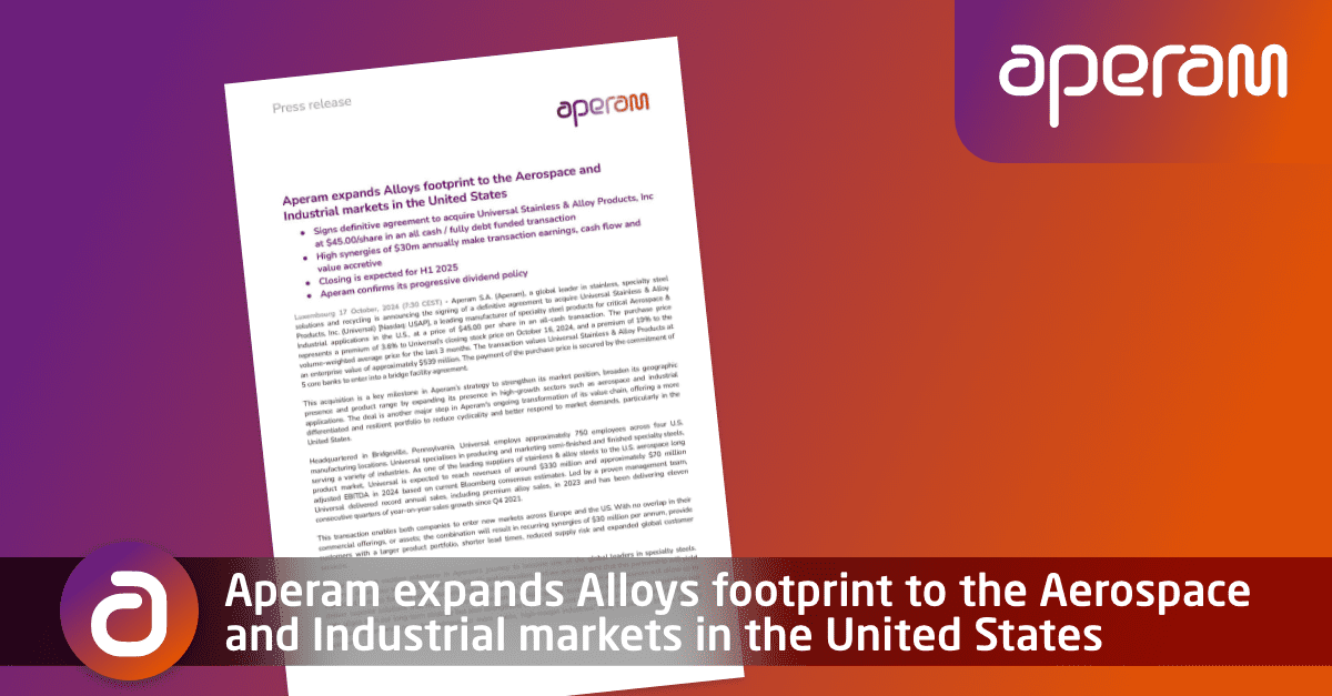 Aperam expands Alloys footprint to the Aerospace and Industrial markets ...